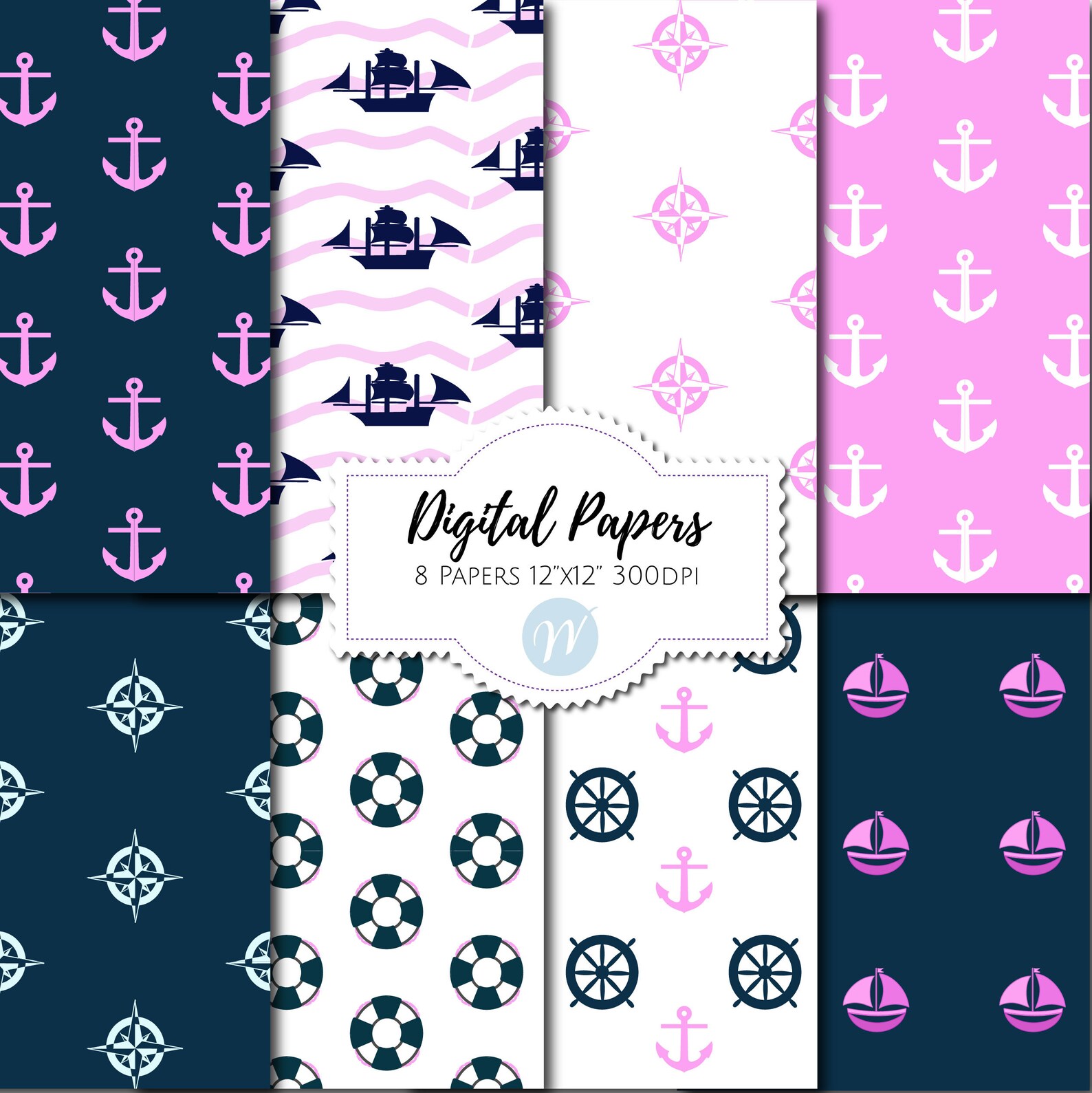 Navy Blue & Pink NAUTICAL Digital Papers, Nautical Backgrounds ...