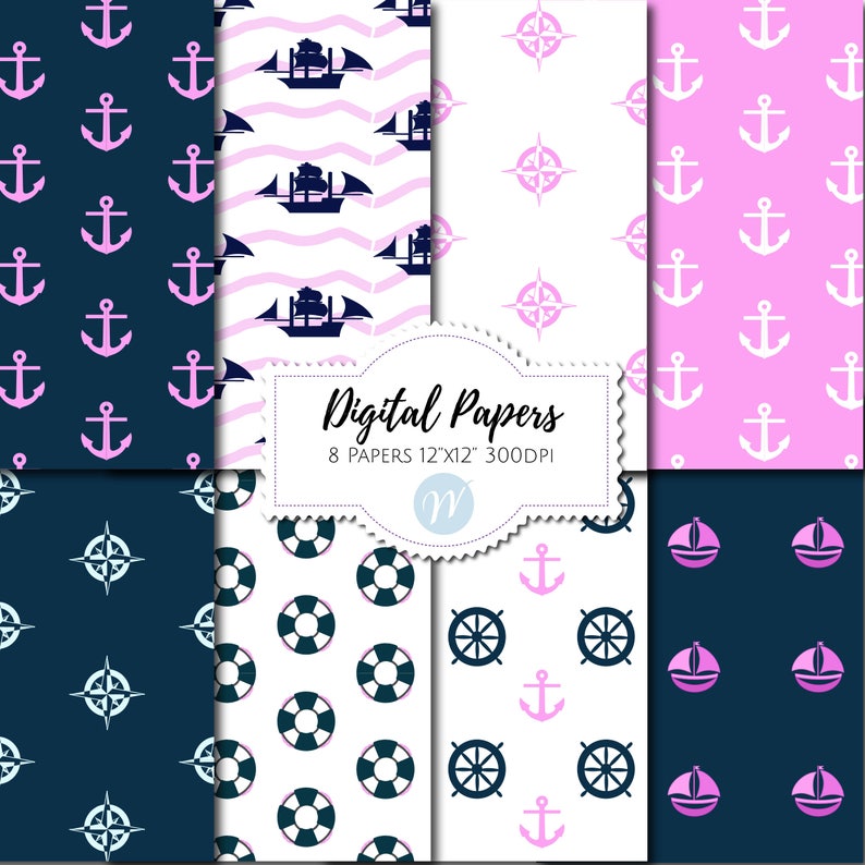 Navy Blue & Pink NAUTICAL Digital Papers, Nautical Backgrounds ...