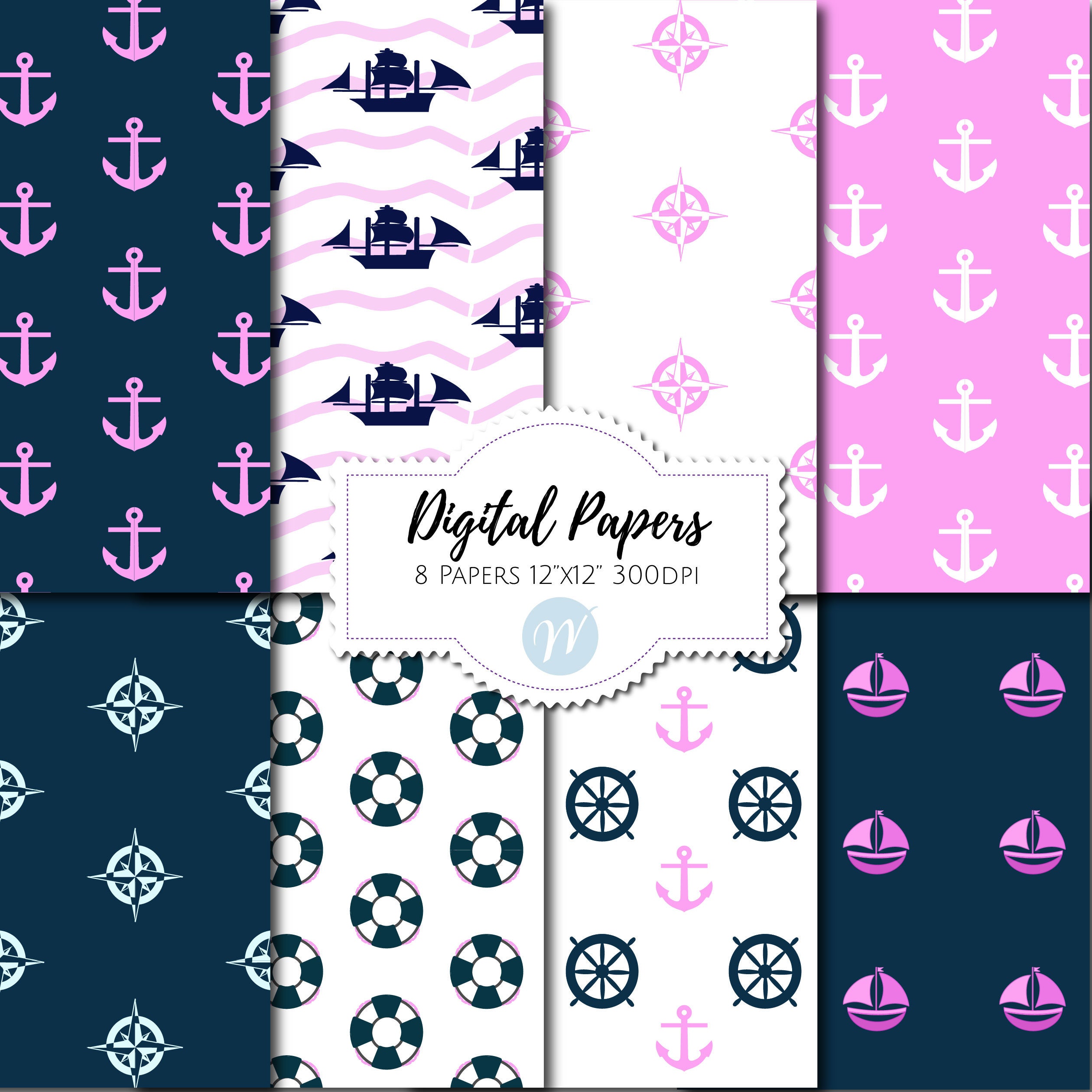 Navy Blue & Pink NAUTICAL Digital Papers, Nautical Backgrounds ...