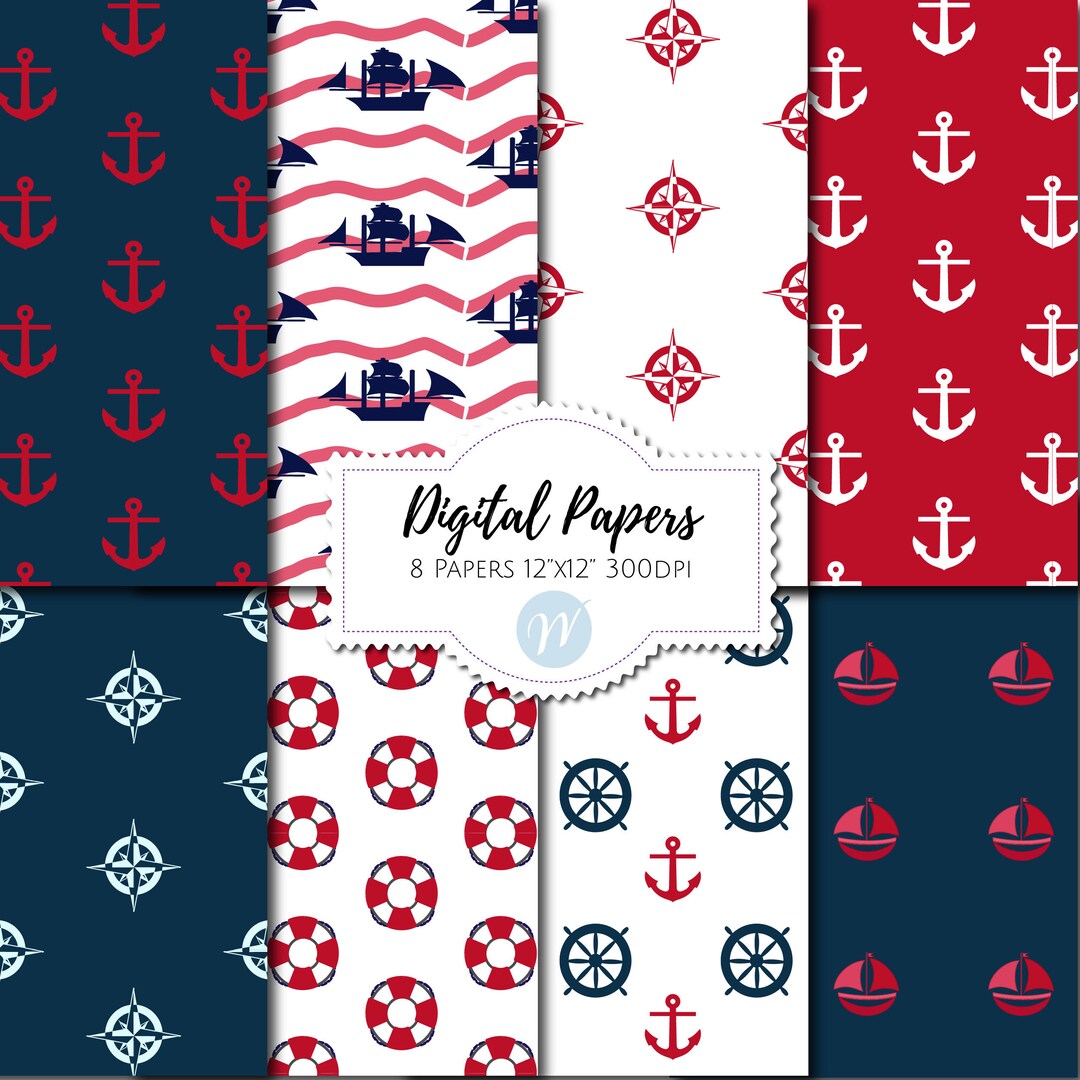 Navy Blue & Red NAUTICAL Digital Papers, Nautical Backgrounds, Nautical ...