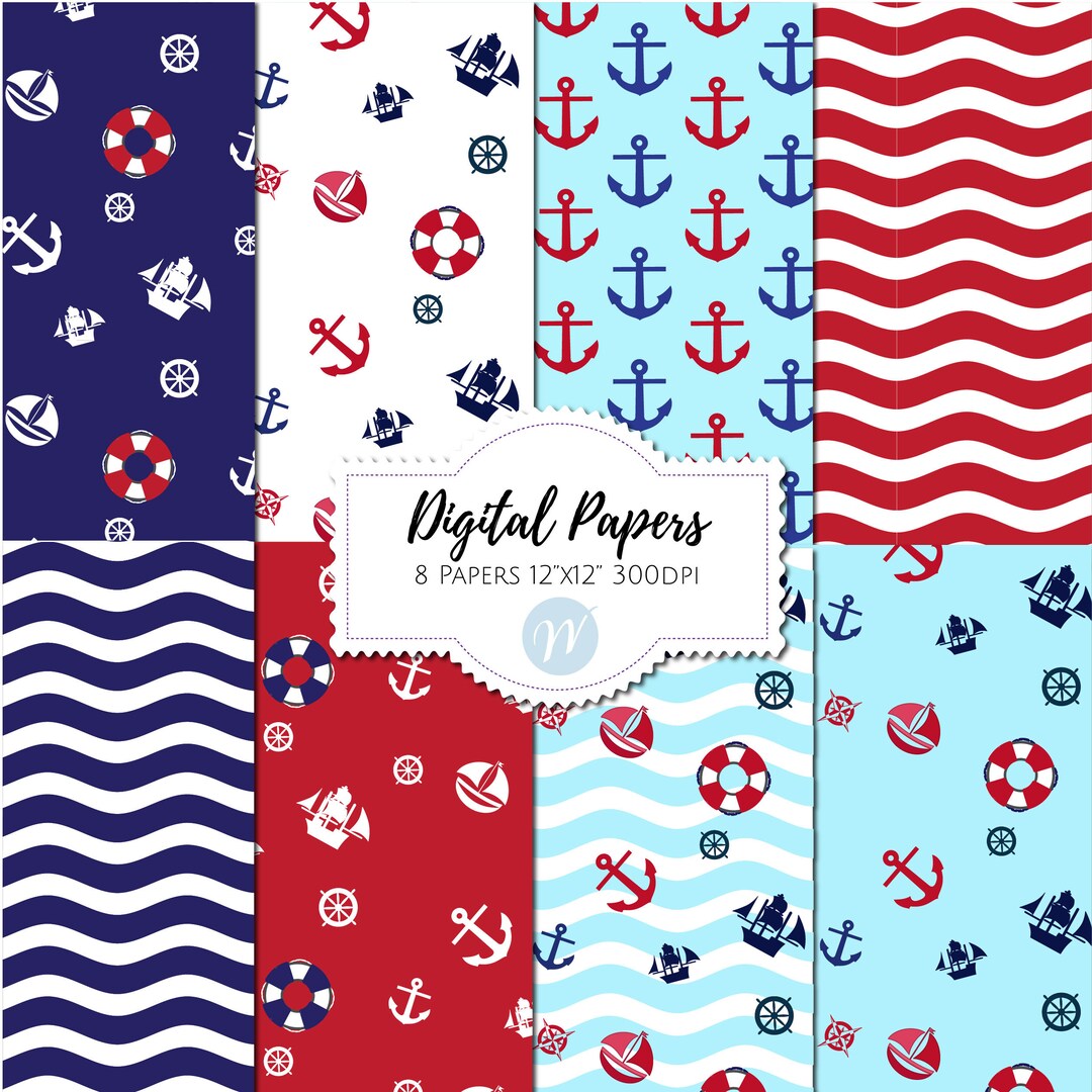 Navy Blue & Red NAUTICAL Digital Papers, Nautical Backgrounds, Nautical ...