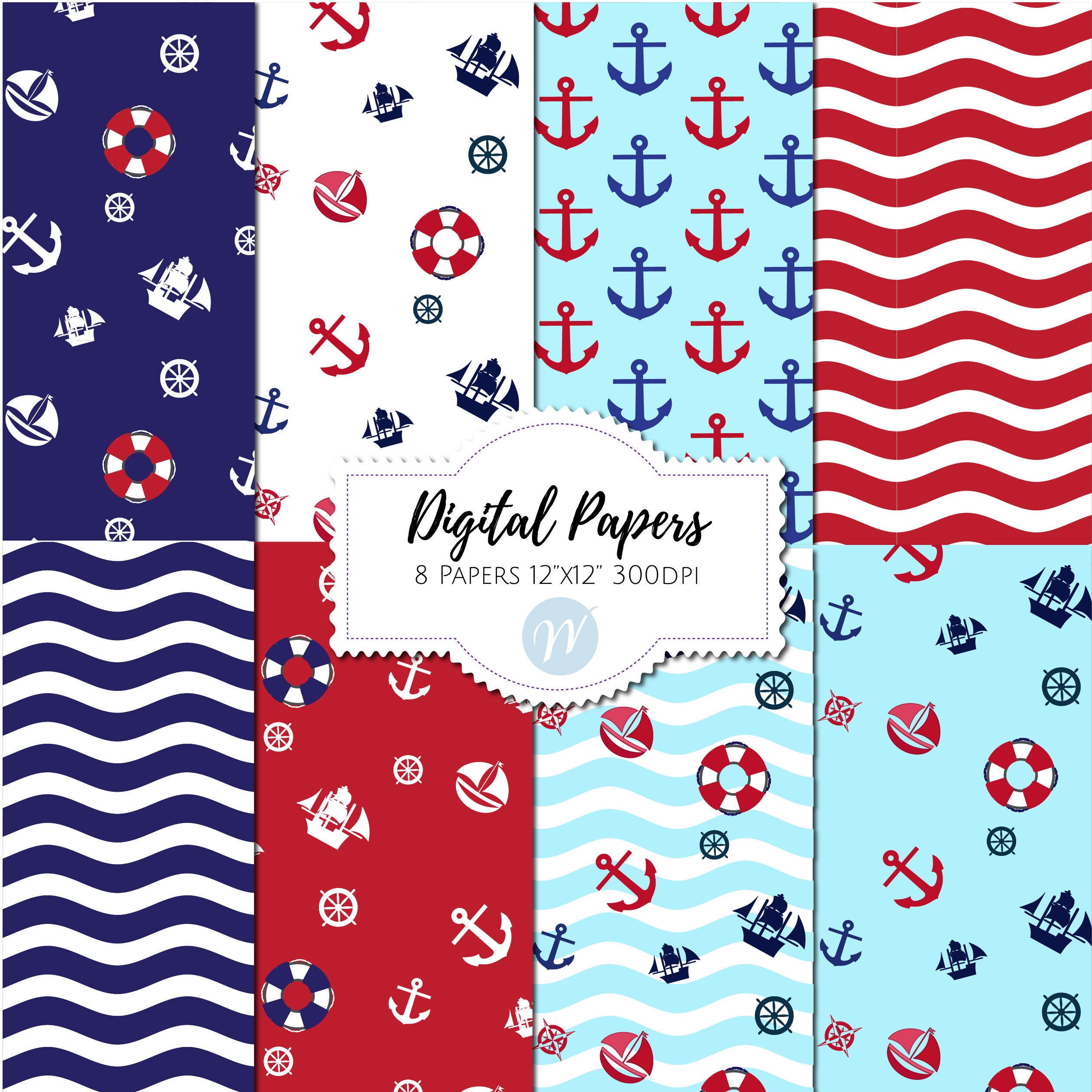 Navy Blue & Red NAUTICAL Digital Papers Nautical Backgrounds | Etsy