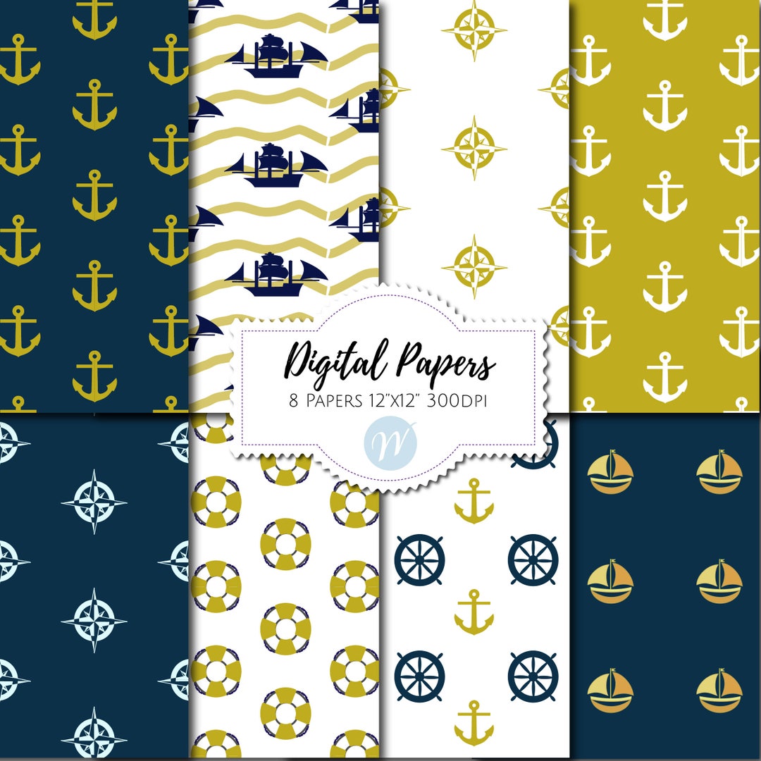 Navy Blue & Yellow NAUTICAL Digital Papers, Nautical Backgrounds ...