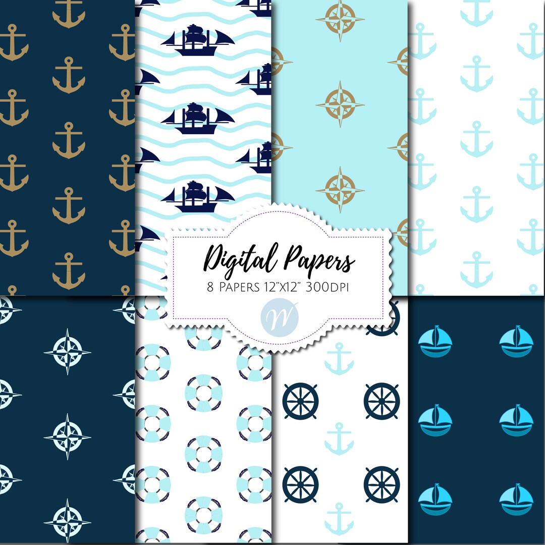 Navy Blue & Gold NAUTICAL Digital Papers Nautical - Etsy