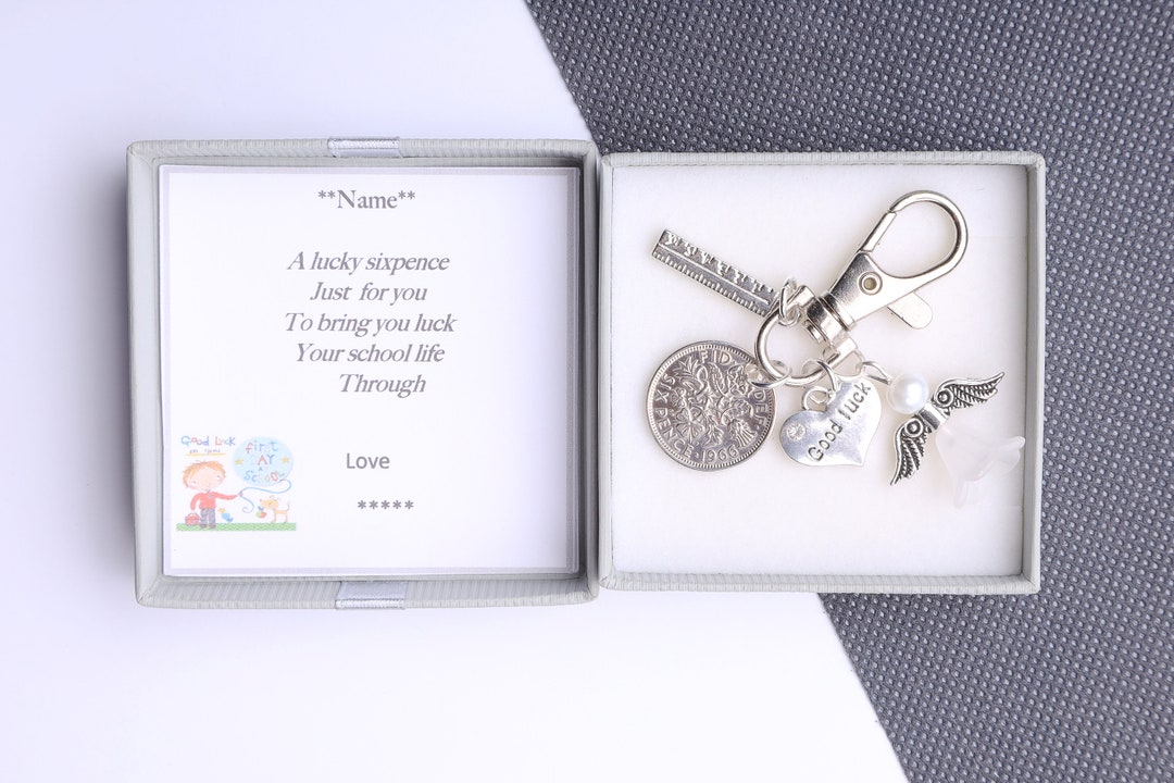 Personalised First Day at School Gift Lucky Sixpence Locker Keyring/bag ...