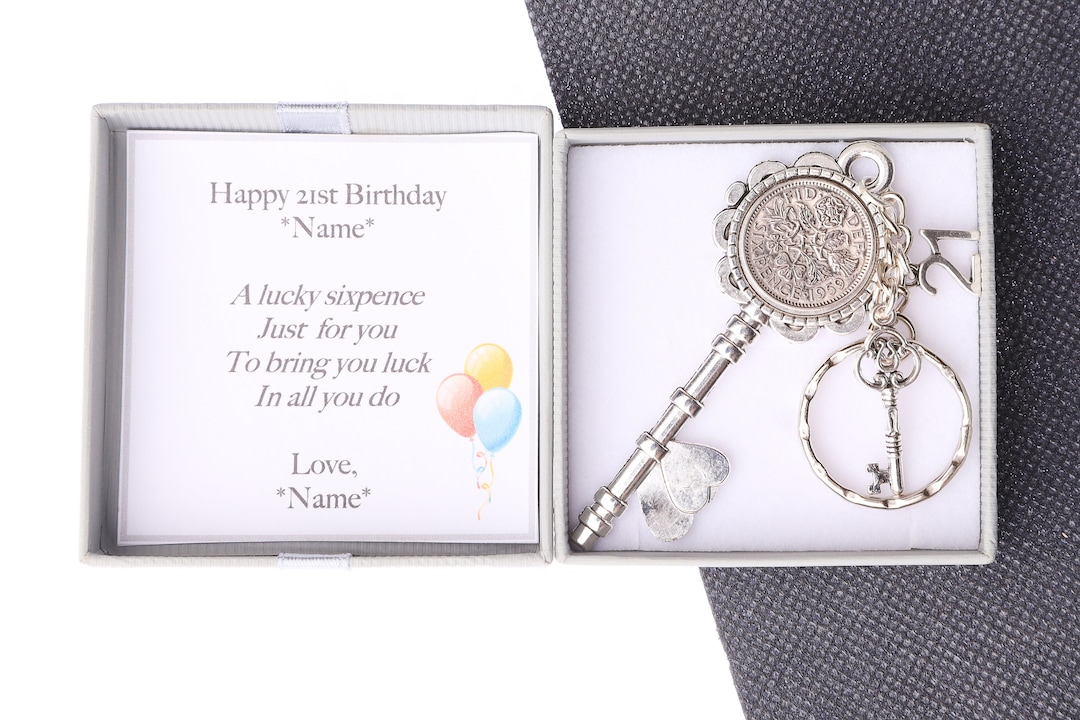 Personalised 21st Birthday Gift Lucky Sixpence Keyring - Heart Key With ...