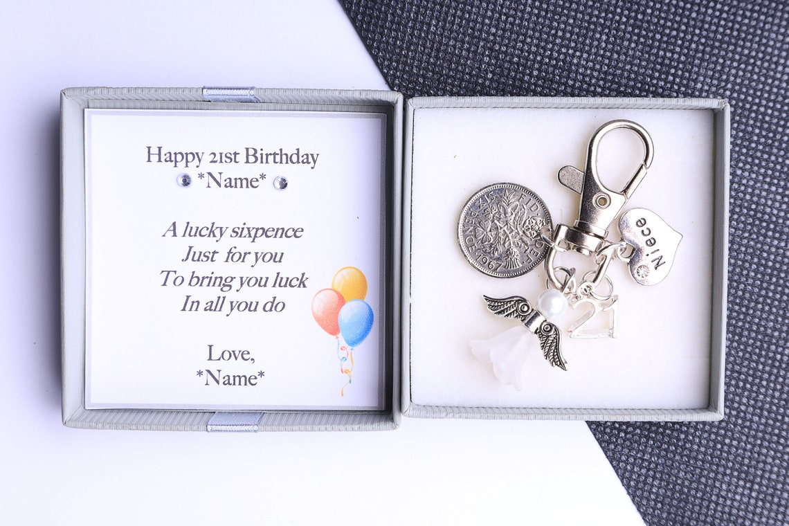 Personalised 21st Birthday Gift Lucky Sixpence Keyring Handbag Charm ...