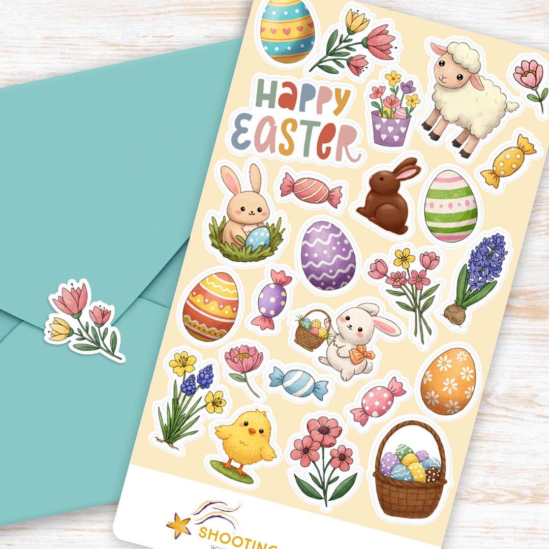 Easter Sticker Sheet - Colorful Bunnies, Chick, Eggs, Candy, Flowers ...