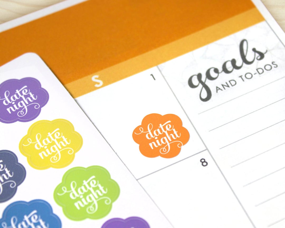 Date Night Sticker, 24 Round Scalloped, ECLP Colors, Dinner, Dating ...