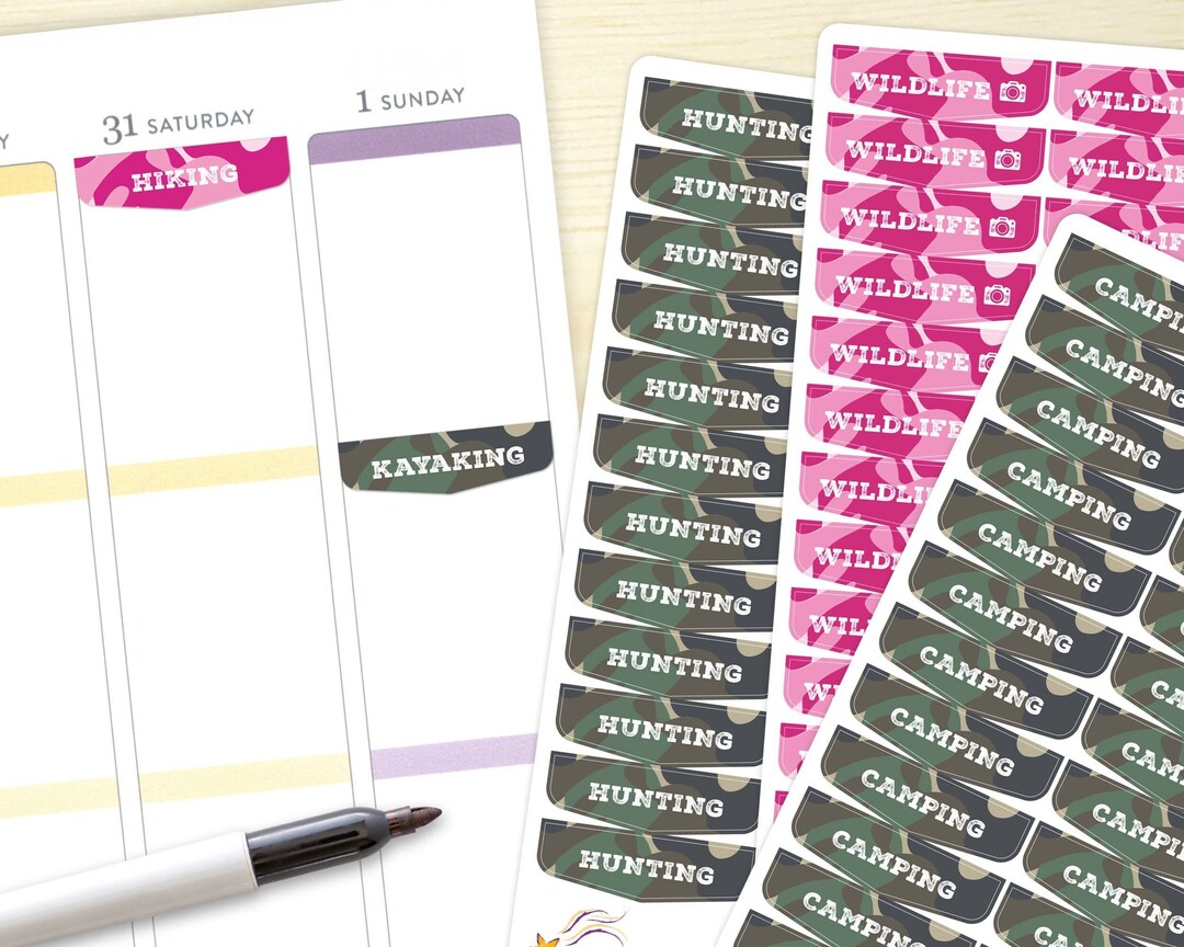 Camo Planner Header Stickers - Outdoor Activities, Pink Camo, Hiking ...