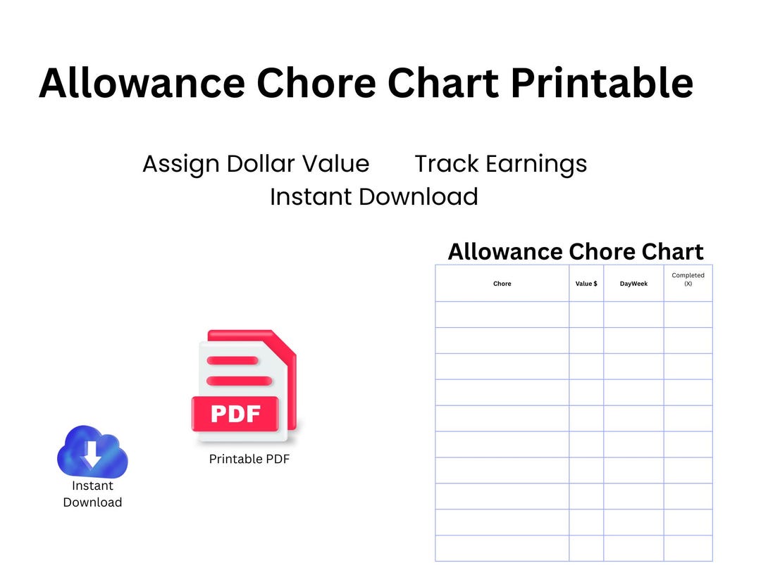 Allowance Chore Chart Printable | Chore Chart With Dollar Values | Kids ...