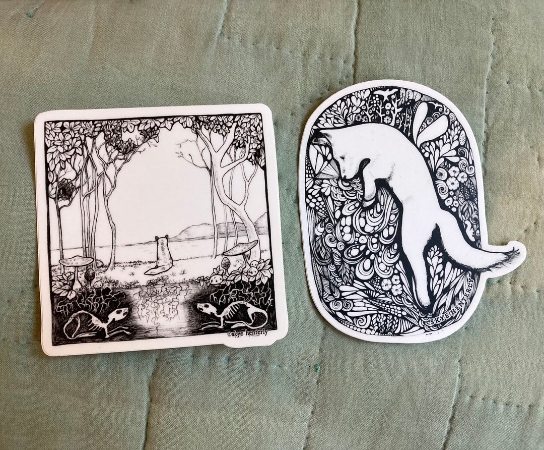 Fox Sticker Pack, Mushrooms and Skeletons Black and White Art Sticker ...