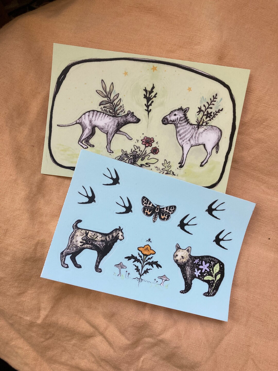 Nature Art Sticker Sheet || Bear, Bobcat, Moth, Swallows and Flowers ...