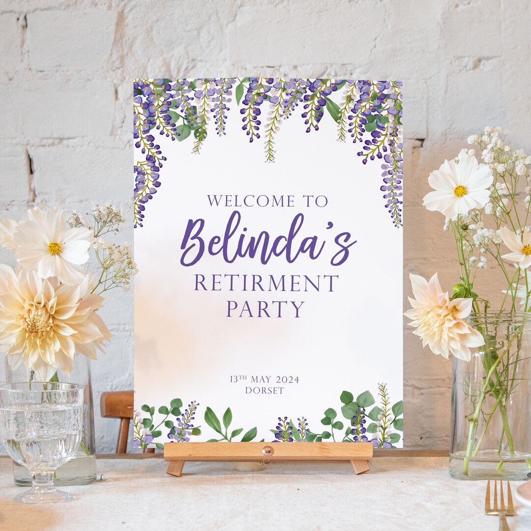 Purple Wisteria Floral Retirement Party Sign | Mauve Lavender Colour ...