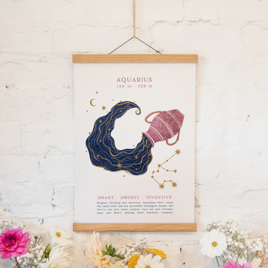Aquarius Poster Print Hand Illustrated Aquarius Birthday Gift Unique Aquarius Print Aquarius Art ...