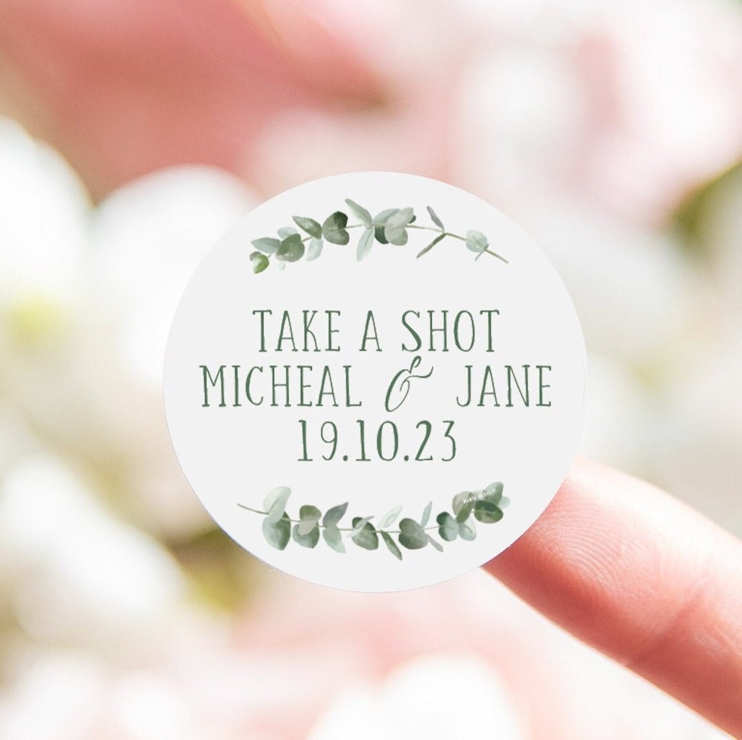 We Tied the Knot Take a Shot Wedding Stickers | Personalised Wedding ...