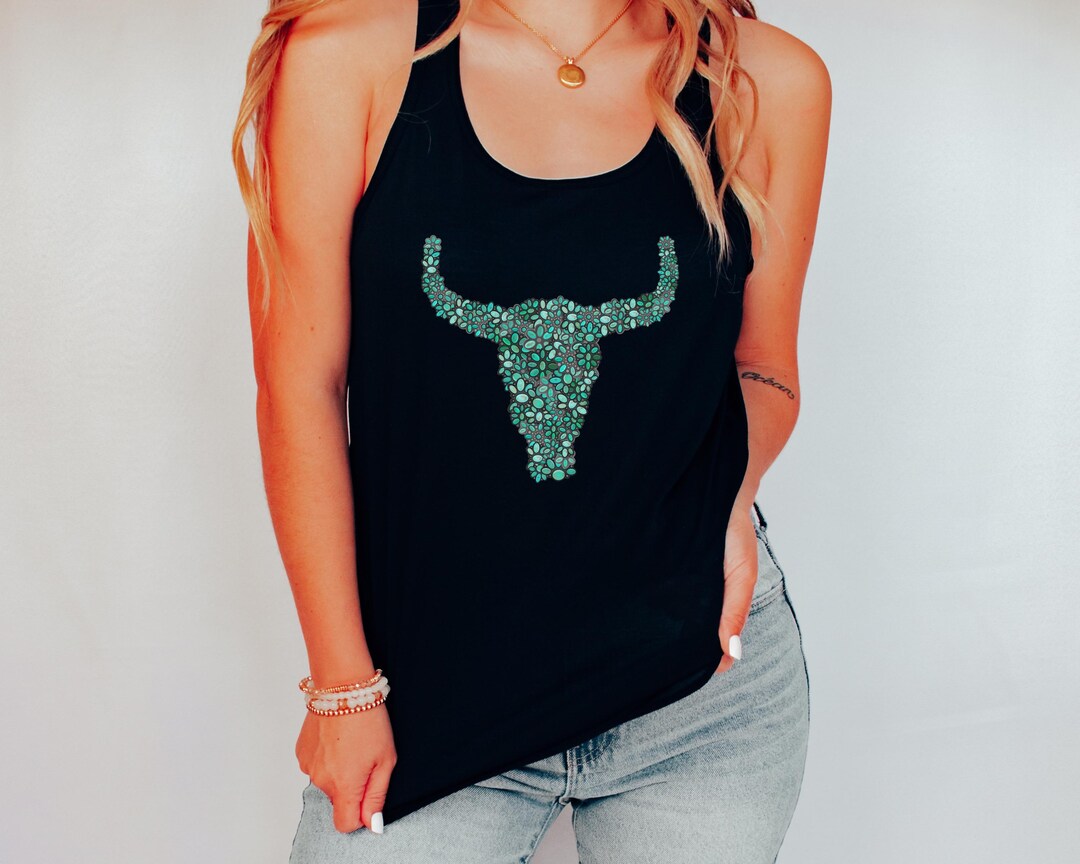 Women's Western Style Turquoise Long Horn, Cowgirl Shirt, Rodeo Tank ...