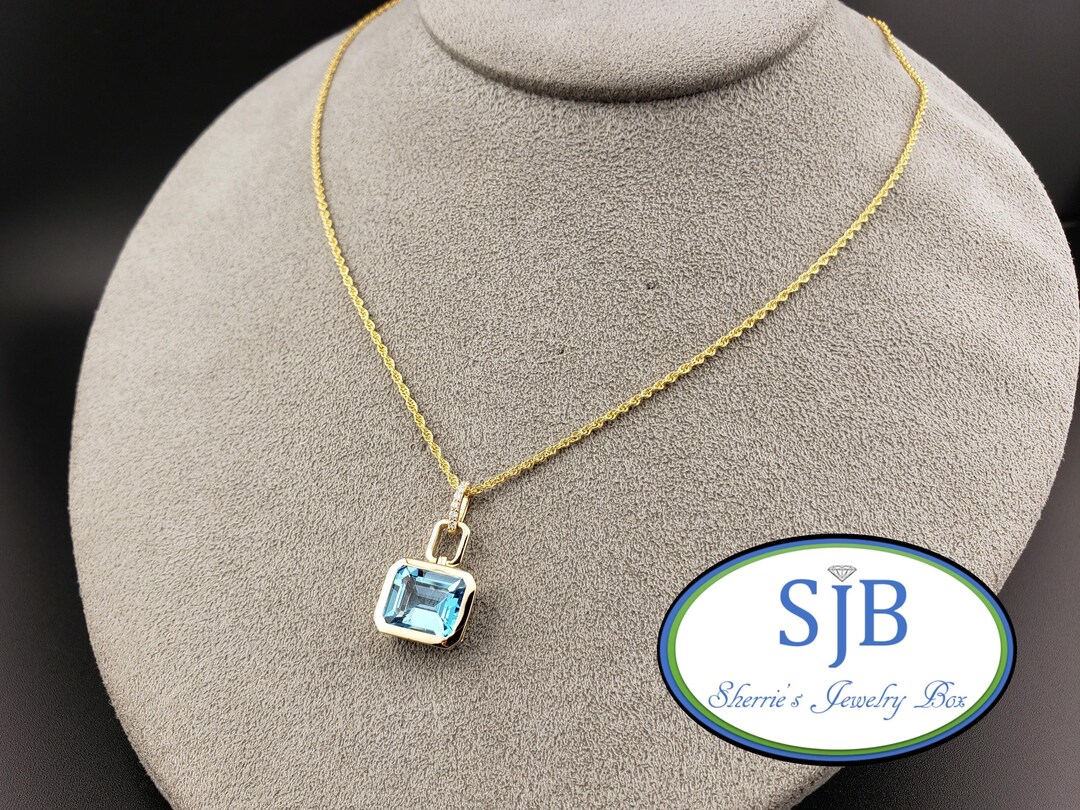 Blue Topaz Necklace, 14k Yellow Gold Bezel Set Emerald Cut Blue Topaz ...