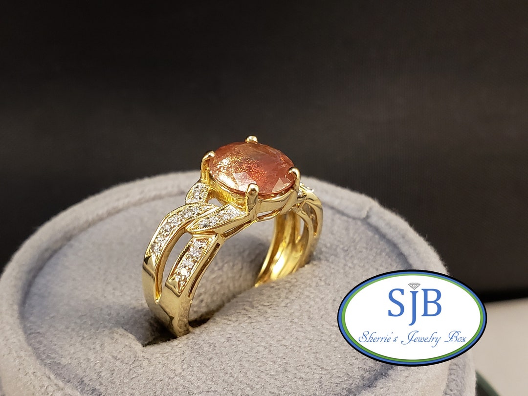 Sunstone Rings, 14k Orange Sunstone and Diamond Ring, 14k Yellow Gold ...