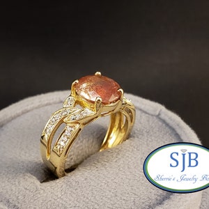 Sunstone Rings, 14k Orange Sunstone and Diamond Ring, 14k Yellow Gold ...