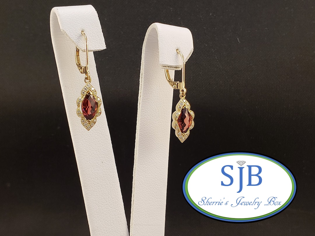 Garnet Earrings, Garnet Drop Earrings, 14k Yellow Gold Garnet & Diamond ...