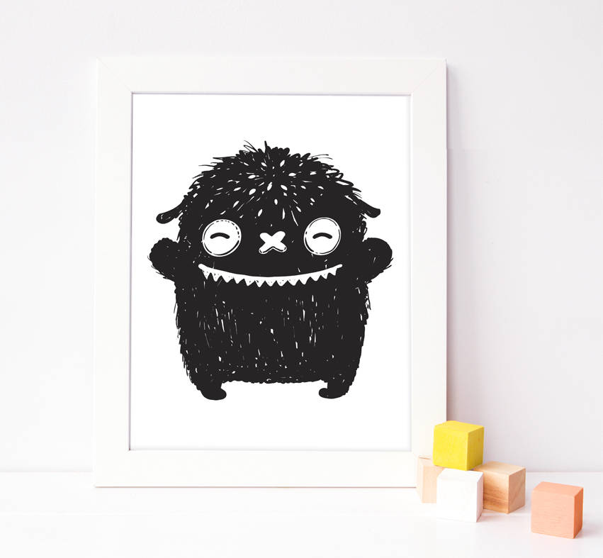 Nursery Wall Poster Silly Monster Art Cute Monster Print Black and ...