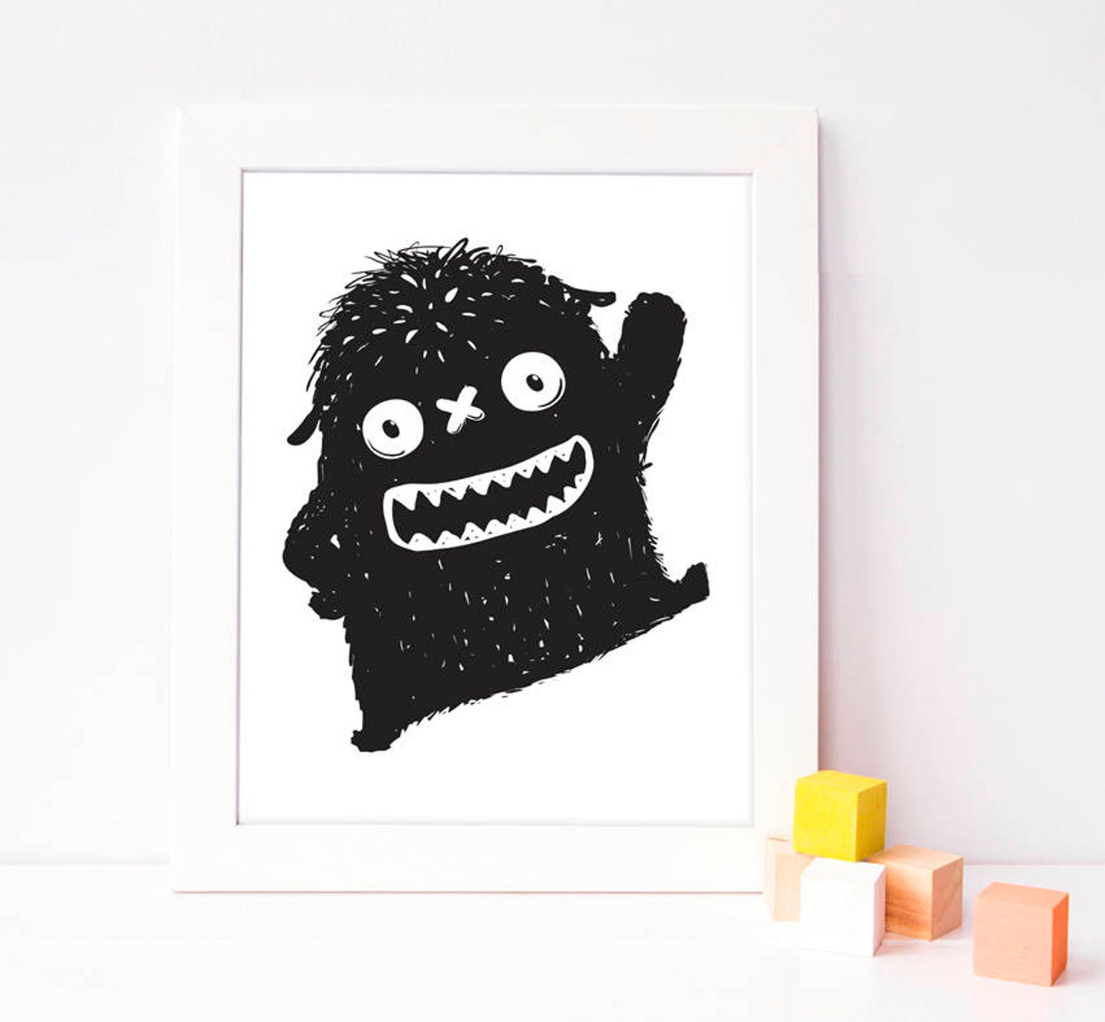 Cute Monster Decor - Cute Monster Print - Black and White Kids Room Art ...