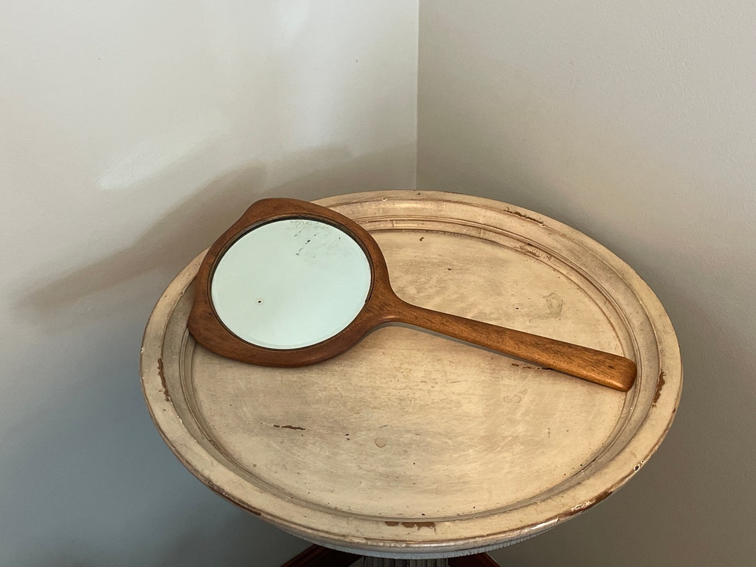 Antique Hand Mirror, Wooden Frame With Round Mirror, Measures 15 7/8" X ...