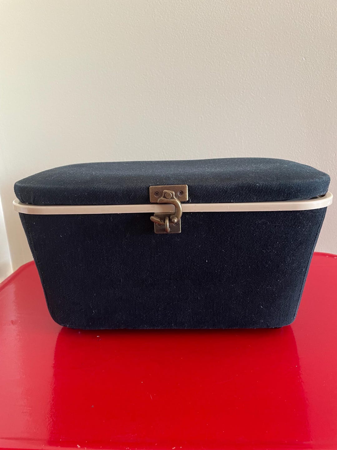 Vintage Sewing Box ~ Navy Blue With White Plastic Handle - Etsy
