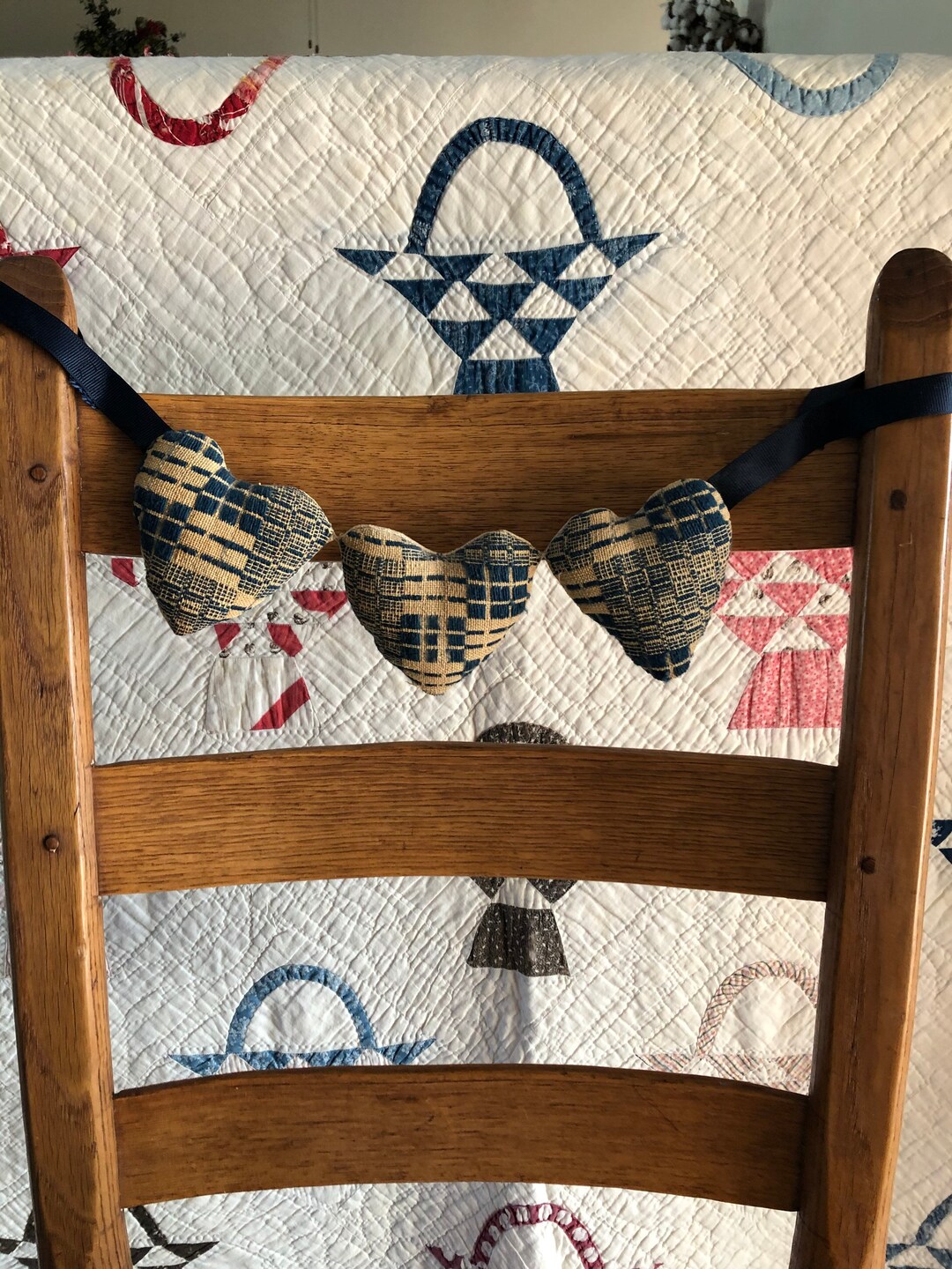 Antique Fabric Heart Stringer in Blue and Tan Colors - Etsy