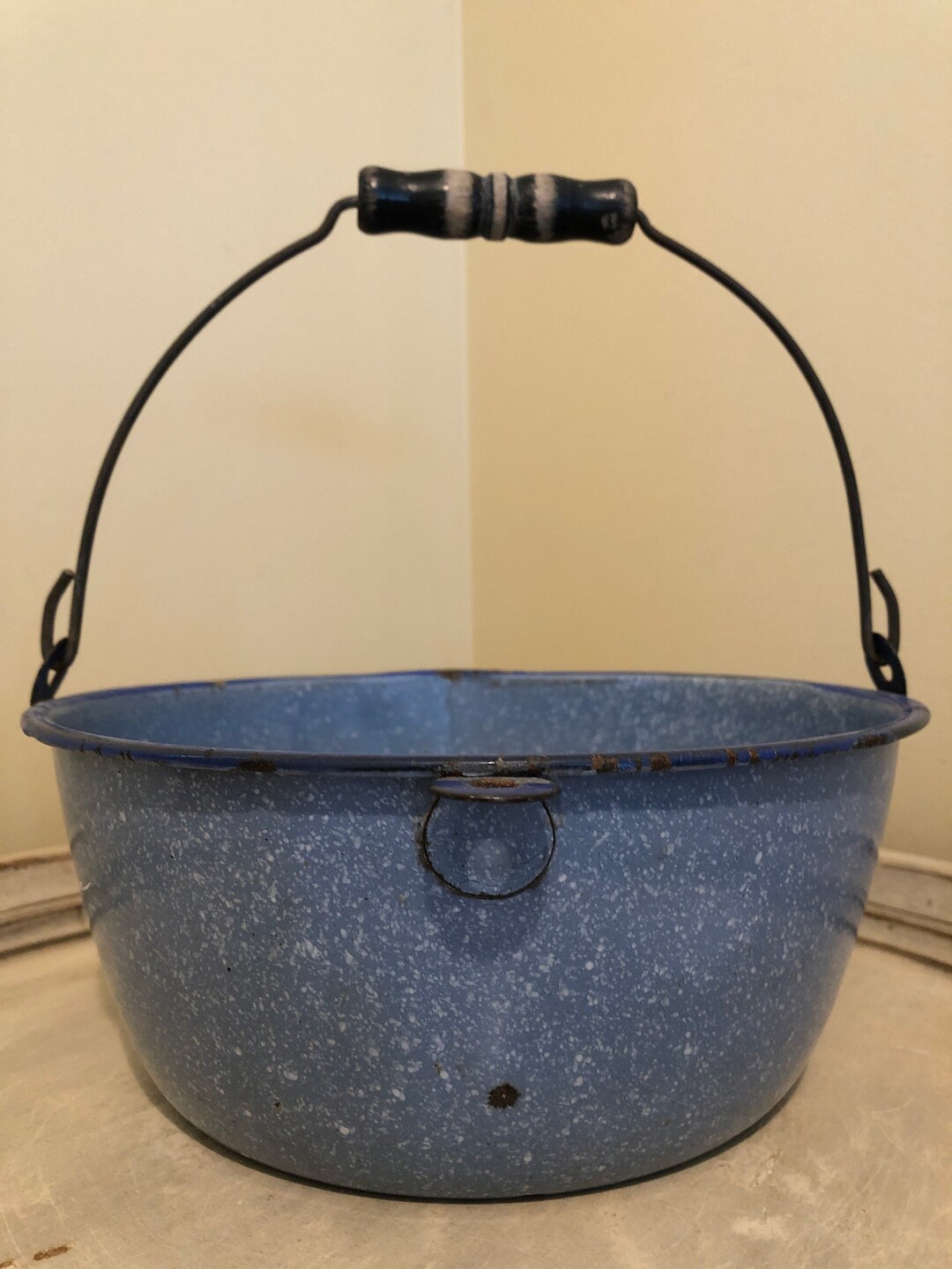 Antique Metal Pail With Wire and Wooden Handle ~ Blue and White Colors ...