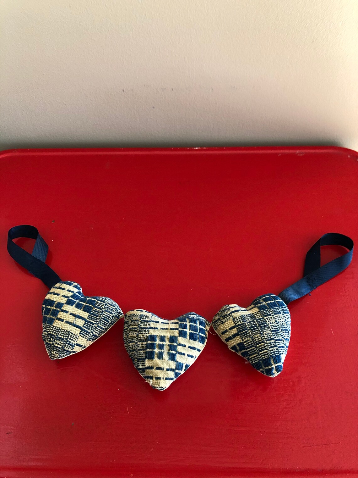 Antique Fabric Heart Stringer in Blue and Tan Colors | Etsy