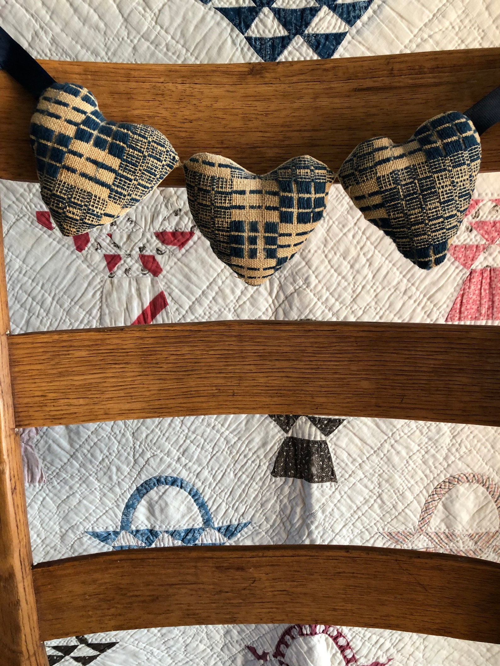 Antique Fabric Heart Stringer in Blue and Tan Colors - Etsy