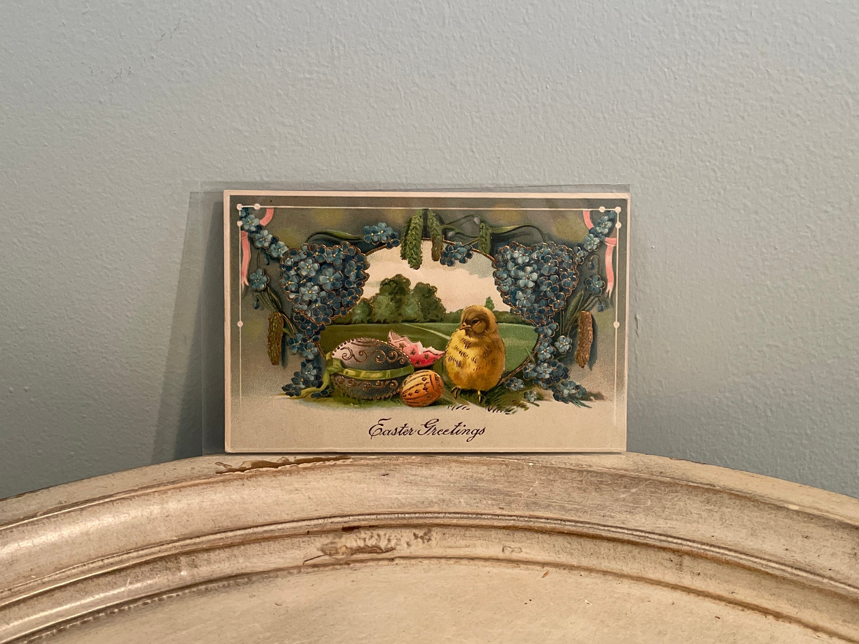 Easter Greetings Postcard Chick with Easter Eggs and Flowers | Etsy