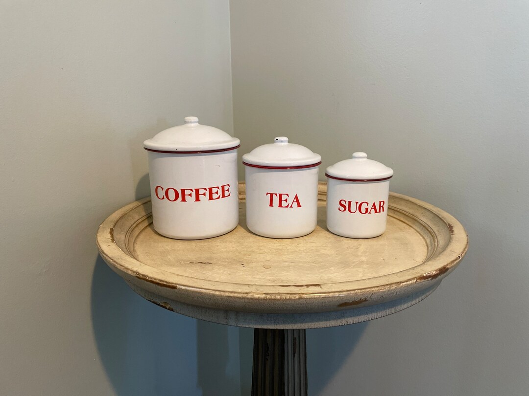 Vintage Enamelware Canister Set ~ Coffee Tea and Sugar ~ White With Red ...
