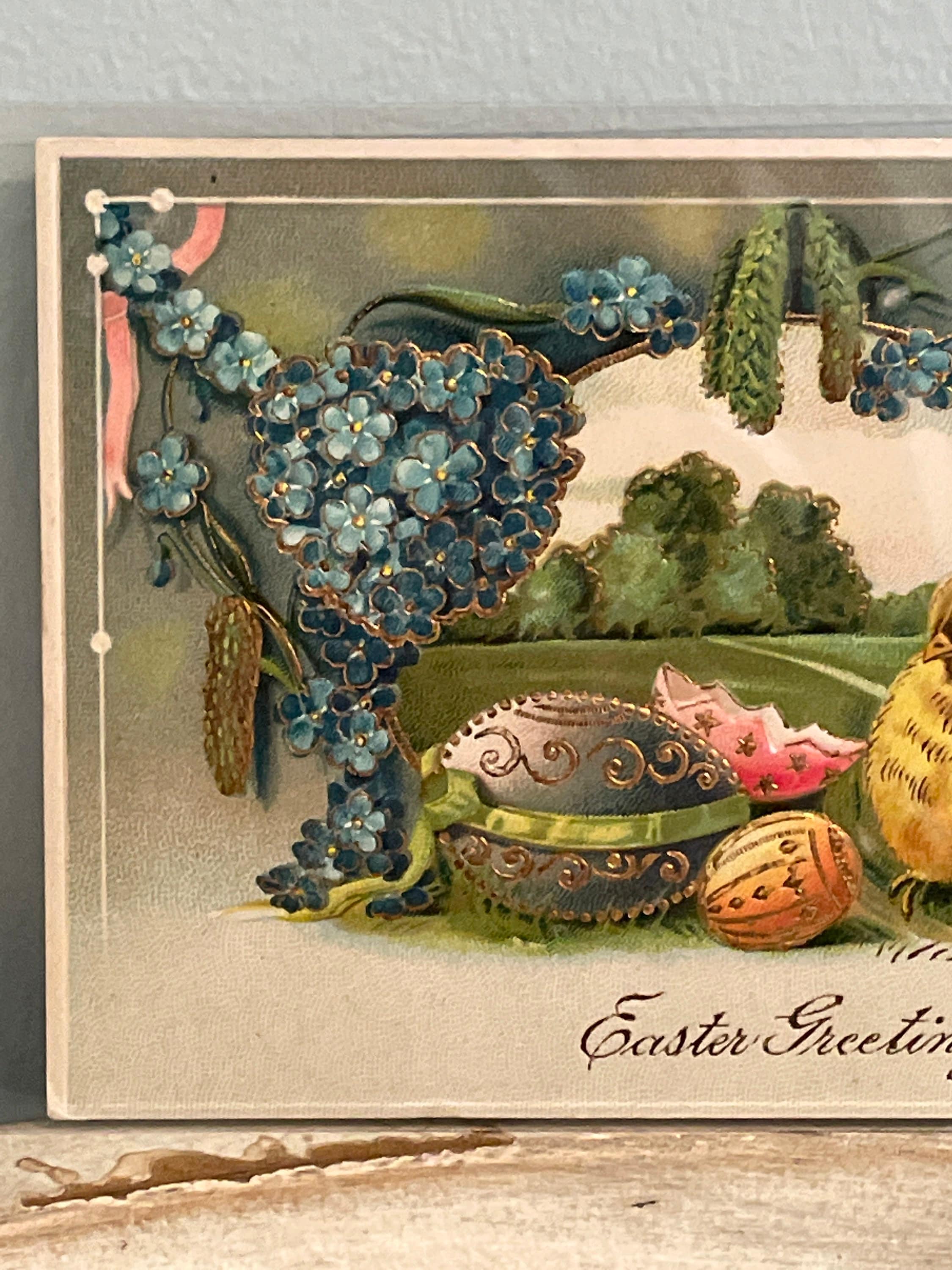 Easter Greetings Postcard ~ Chick With Easter Eggs and Flowers ...