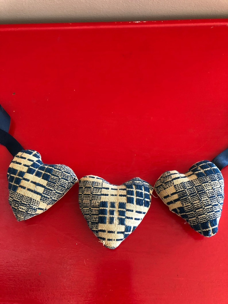 Antique Fabric Heart Stringer in Blue and Tan Colors - Etsy