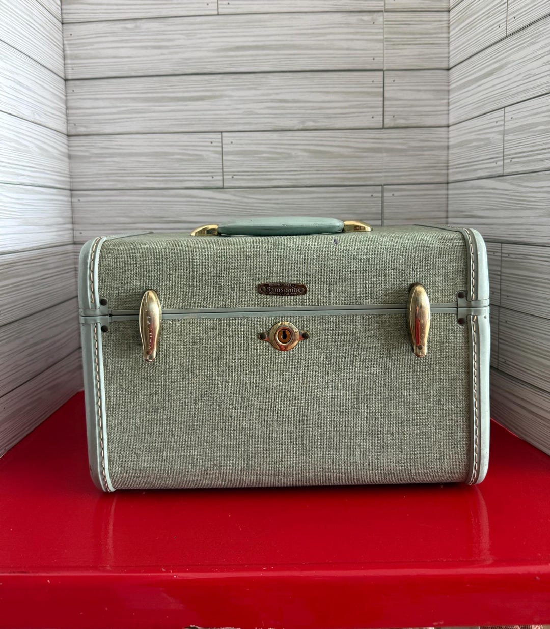 Vintage Samsonite Train Case Mint Green Color Tweed Style With Gold ...