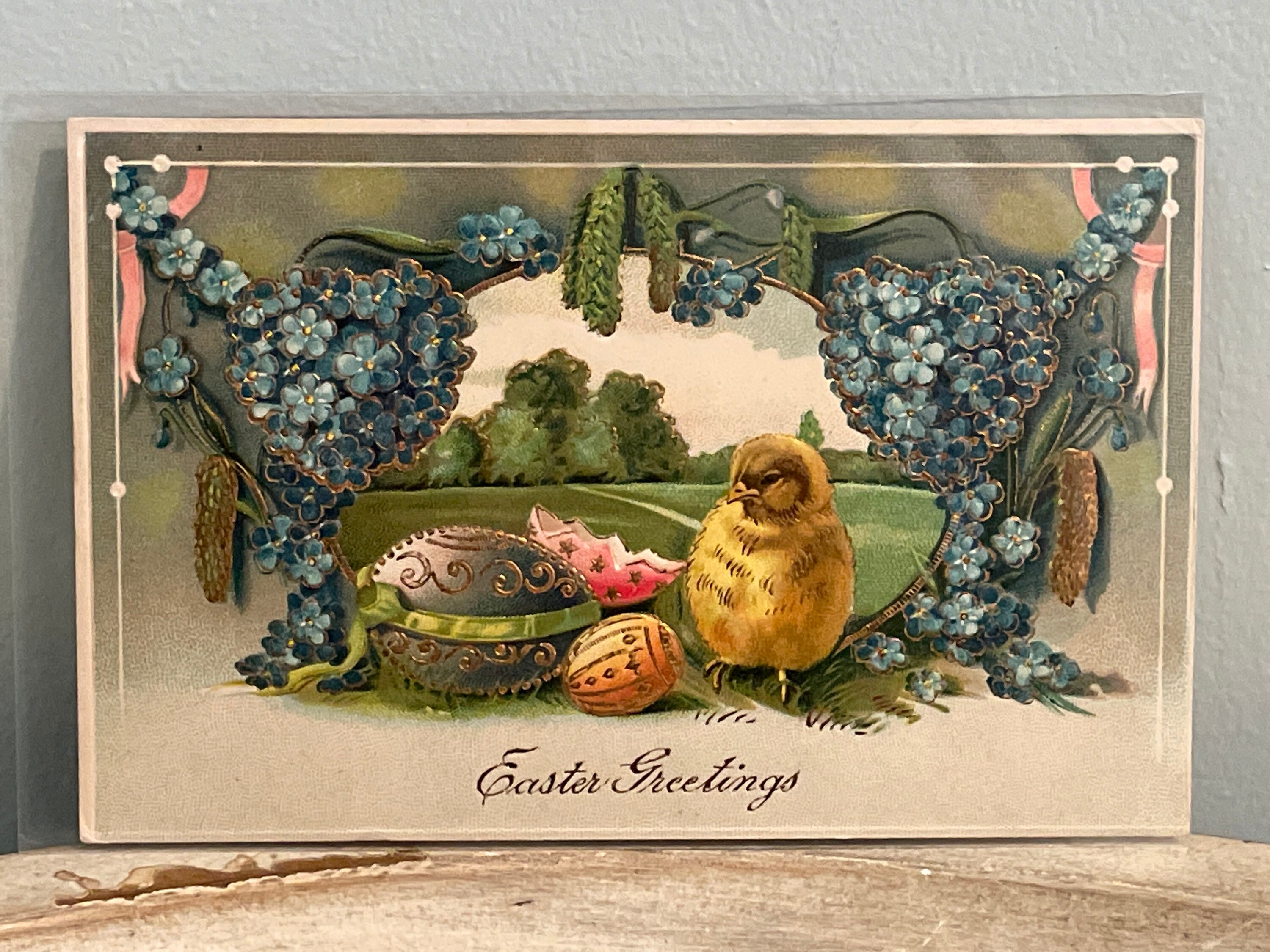 Easter Greetings Postcard Chick with Easter Eggs and Flowers | Etsy