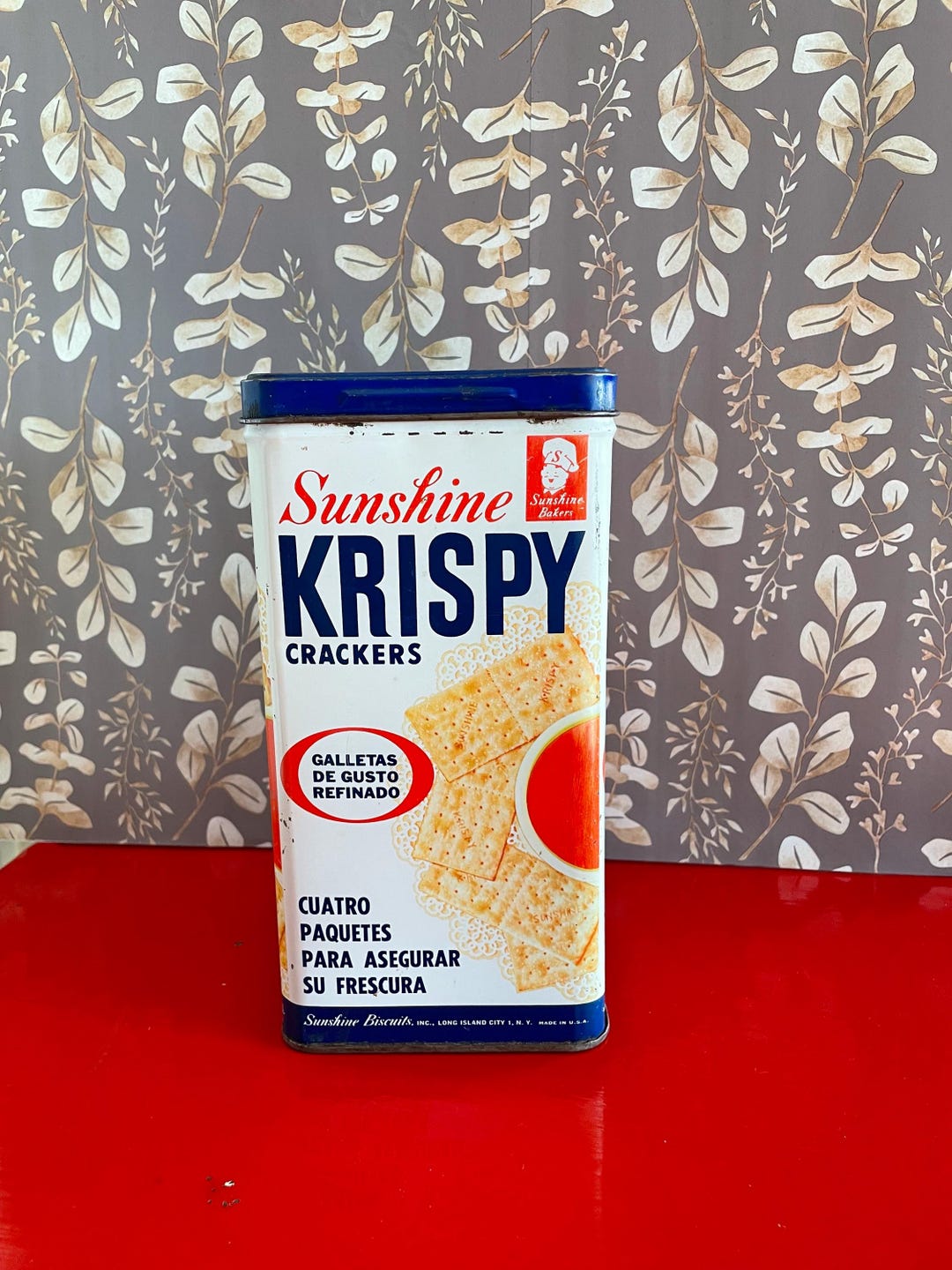 Antique Sunshine Crackers Tin ~ Saltine Cracker ~ Blue Red and White ...