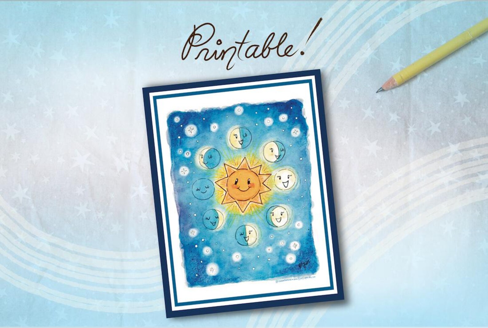 Printable Sun, Stars and Moon Phases Mini Poster, Cute Summer Art, Sun ...