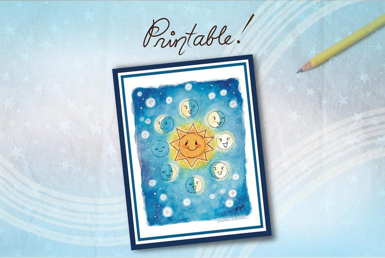 Printable Sun, Stars and Moon Phases Mini Poster, Cute Summer Art, Sun ...