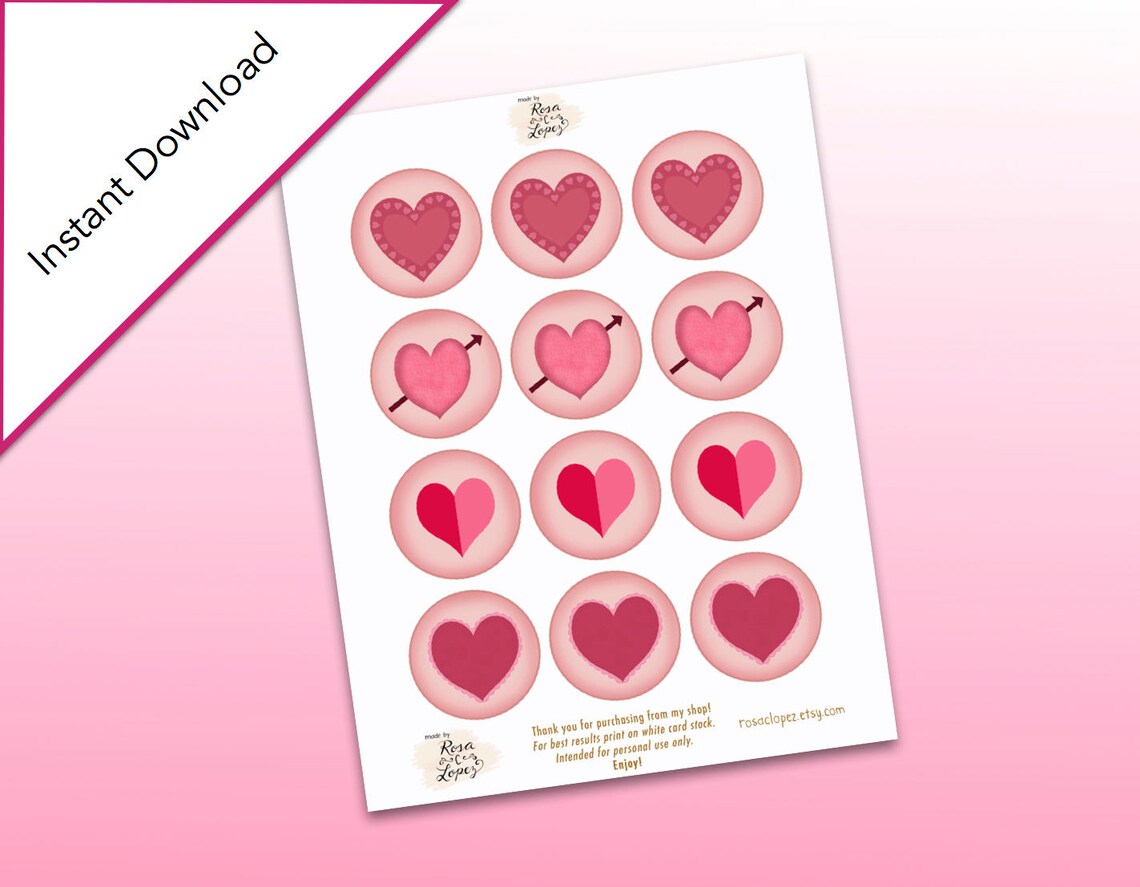 Heart Gift Tags, Printable Heart Cupcake Toppers, DIY Valentine Gift ...