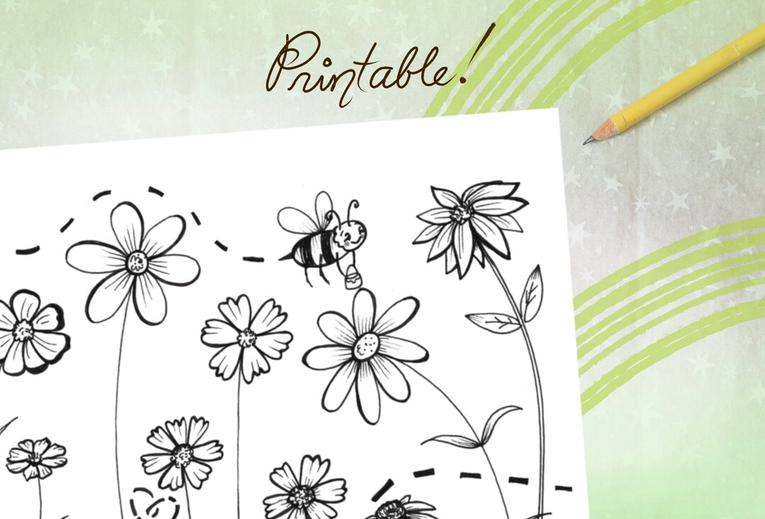 Bee and Flowers Coloring Page, Printable Spring Coloring Page, Easter ...