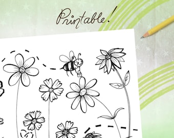 Bee and Flowers Coloring Page, Printable Spring Coloring Page, Easter ...