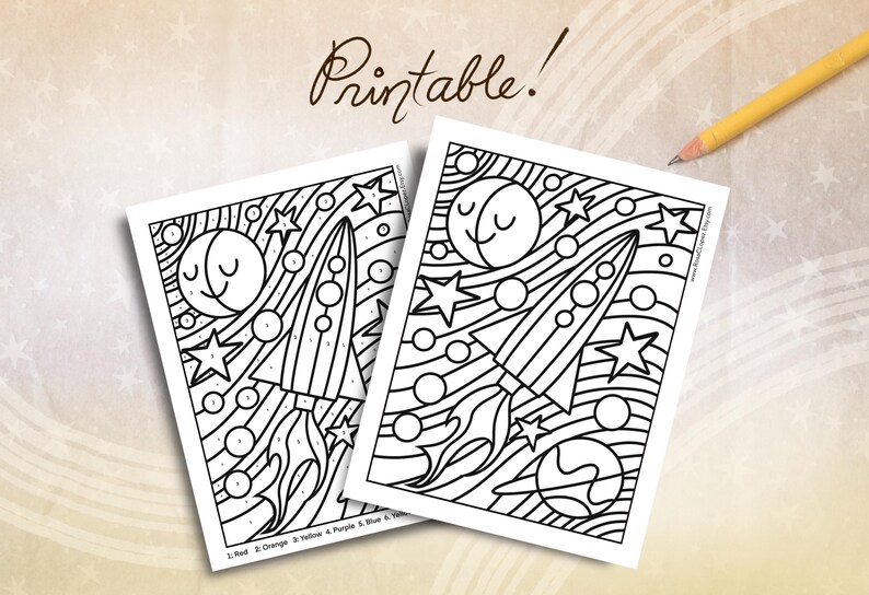 Printable Moon and Rocket Color by Number, Coloring Sheet, Printable ...