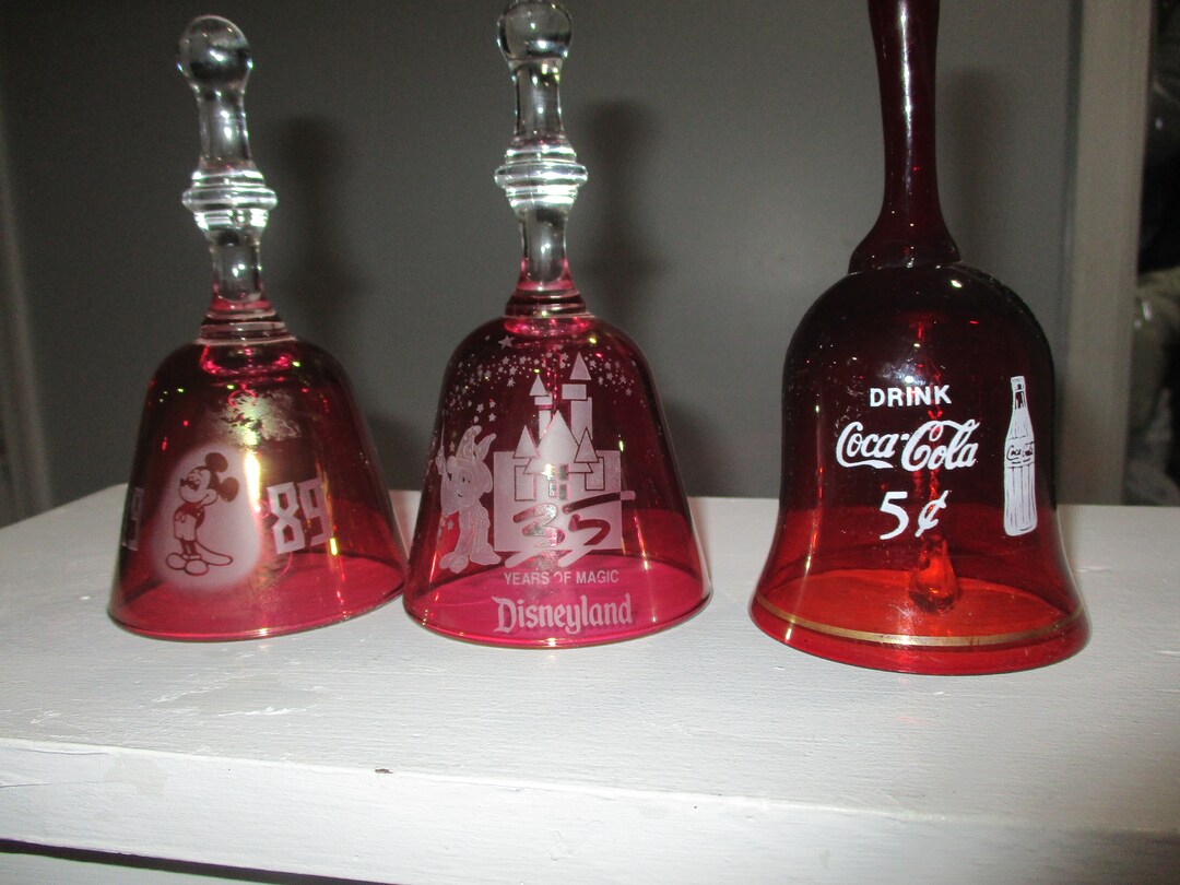 Vintage Ruby Red Disney Crystal Glass Bells (2) and 1 Coca Cola Glass ...