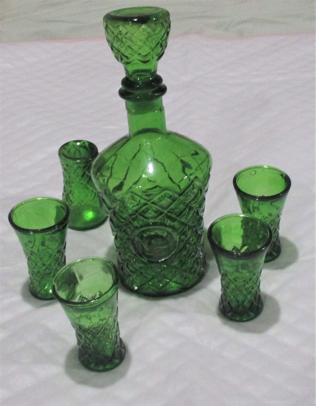Vintage Green Diamond Pattern Glass Decanter Helmet Logo & 5 Glasses ...