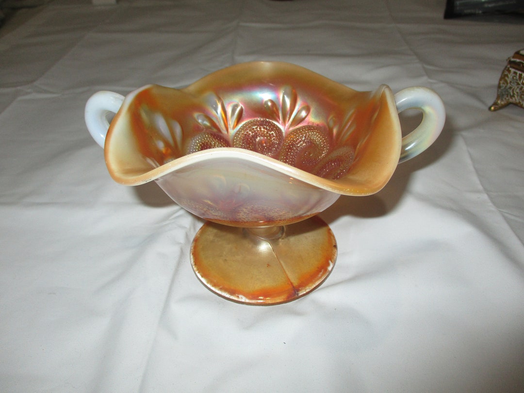 Vintage Dugan Marigold Opalescent Glass 2 Handle Octopus Question Marks ...