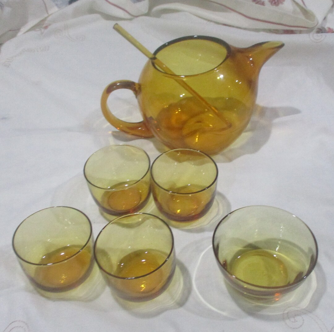 Rare Vintage Orrefors Mingus Amber Smoke Martini Pitcher W/glasses ...